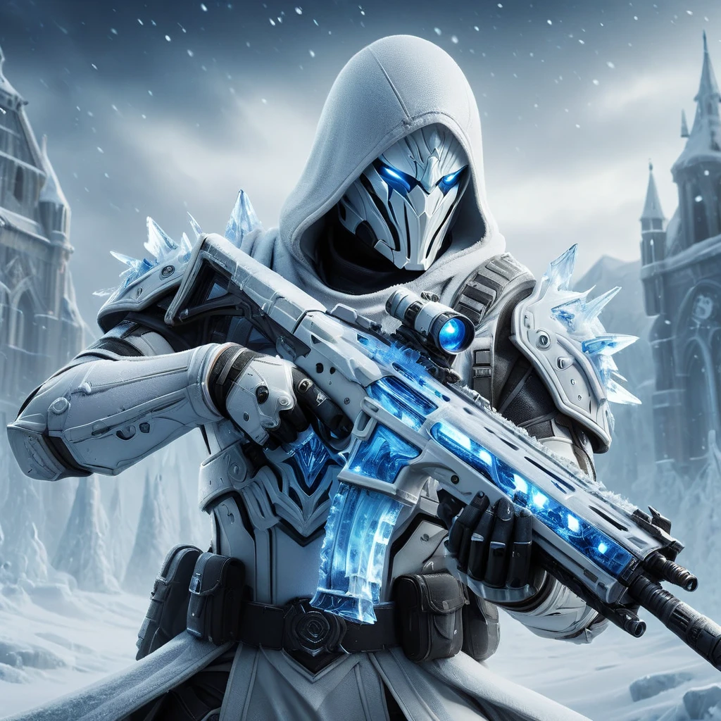 A realistic action shot of a fantasy game character wielding an assault ...