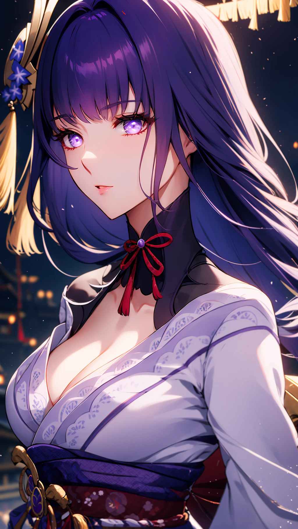 A sexy&cool woman in the temple at night,raiden shogun,purple hair ...