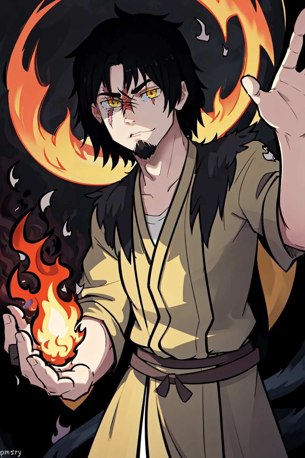 Reyspar, solo, 1boy, black hair, male focus, facial hair, yellow eyes ...
