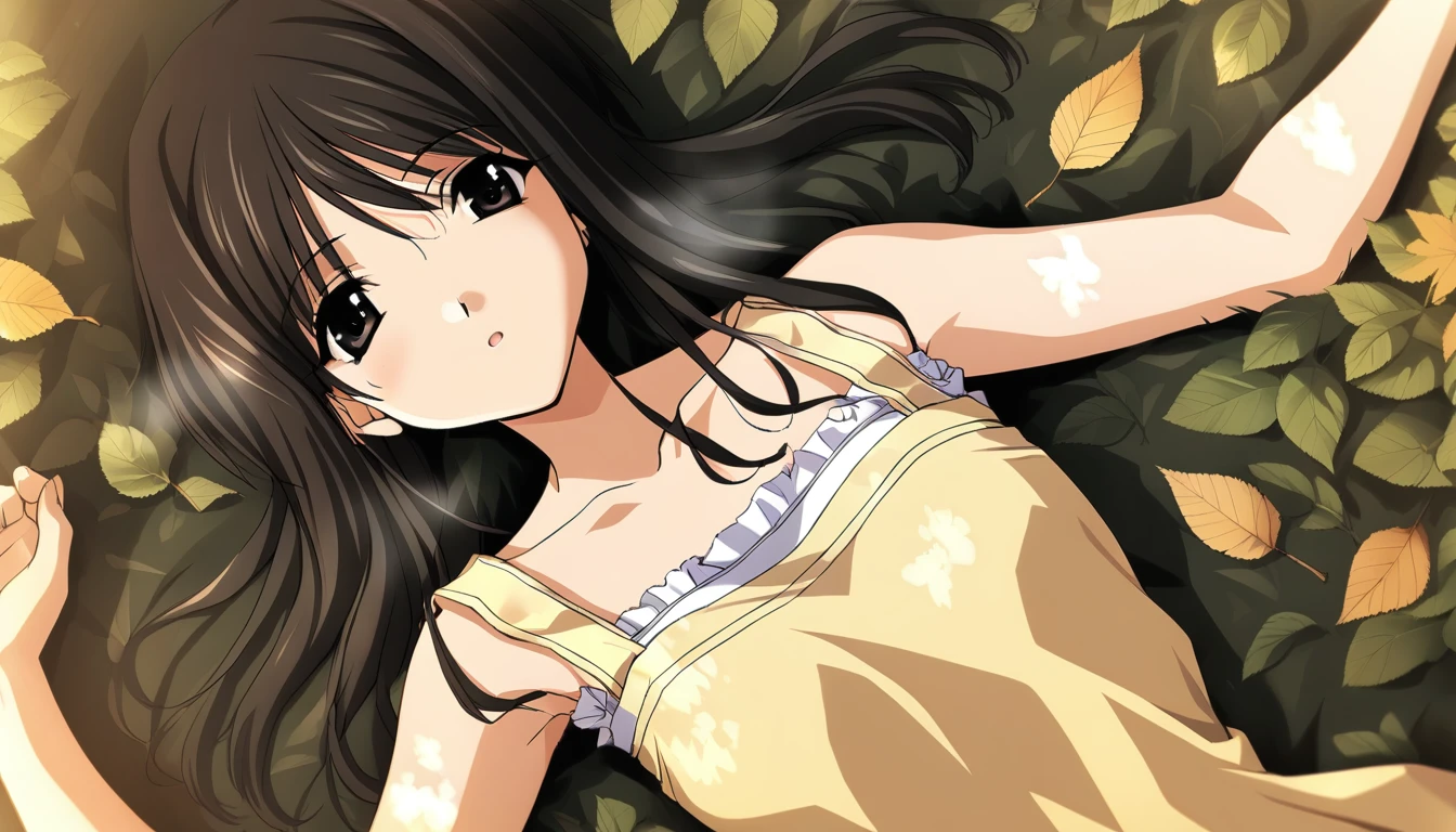 1girl,minami tsubame, yellow dress, 1girl, solo, lying, looking at viewer - SeaArt AI
