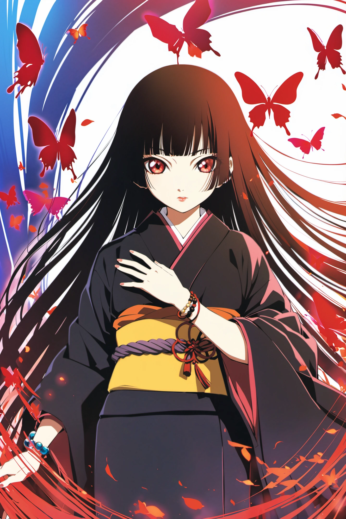 Enma Ai, 1girl, solo, japanese clothes, long hair, butterfly - SeaArt AI
