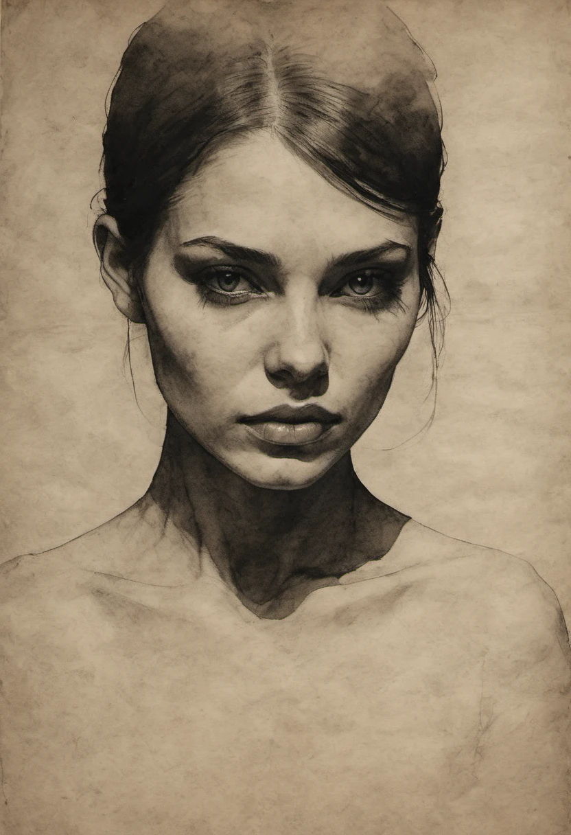 Black ink on parchment dark moody minimal portrait of a model emerging ...