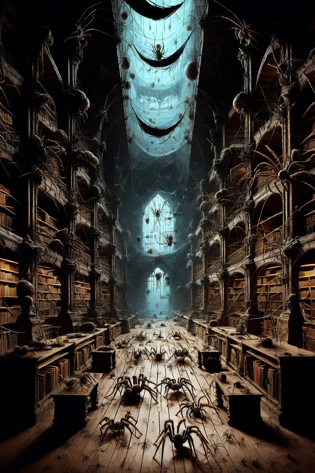 An ancient, mystical library with towering bookshelves and arcane ...