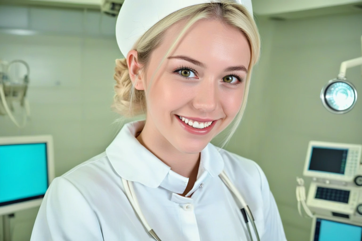 Inside a modern operating room, a young blonde nurse wears white nurse ...