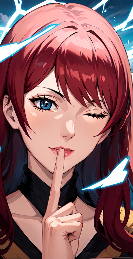 Fuka, 1girl, solo, portrait, close up, lightning, finger on mouth ...