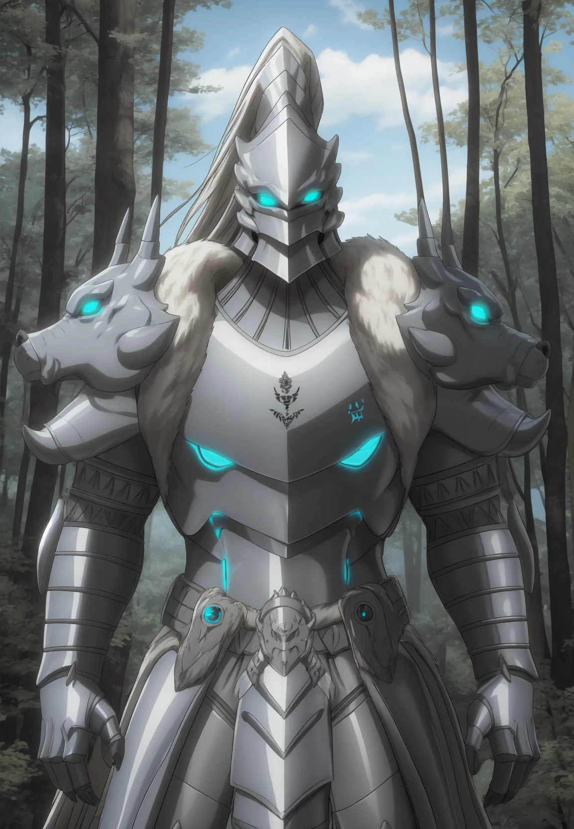 (Platinum_Dragon_Lord_Armor), forest, glowing eyes, armor, plate armor ...