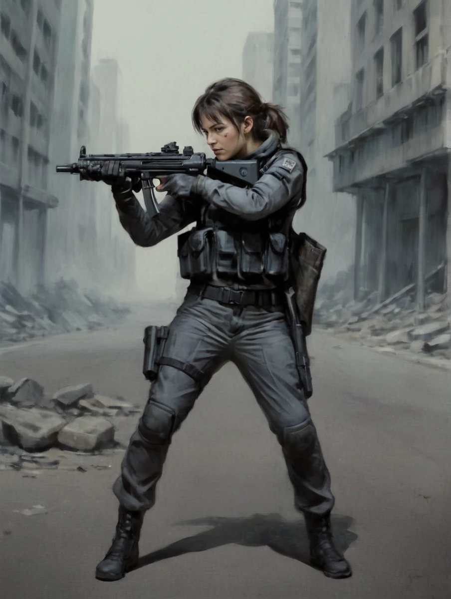 Police woman in post apocalyptic city, holding mp5, aiming mp5 - SeaArt AI