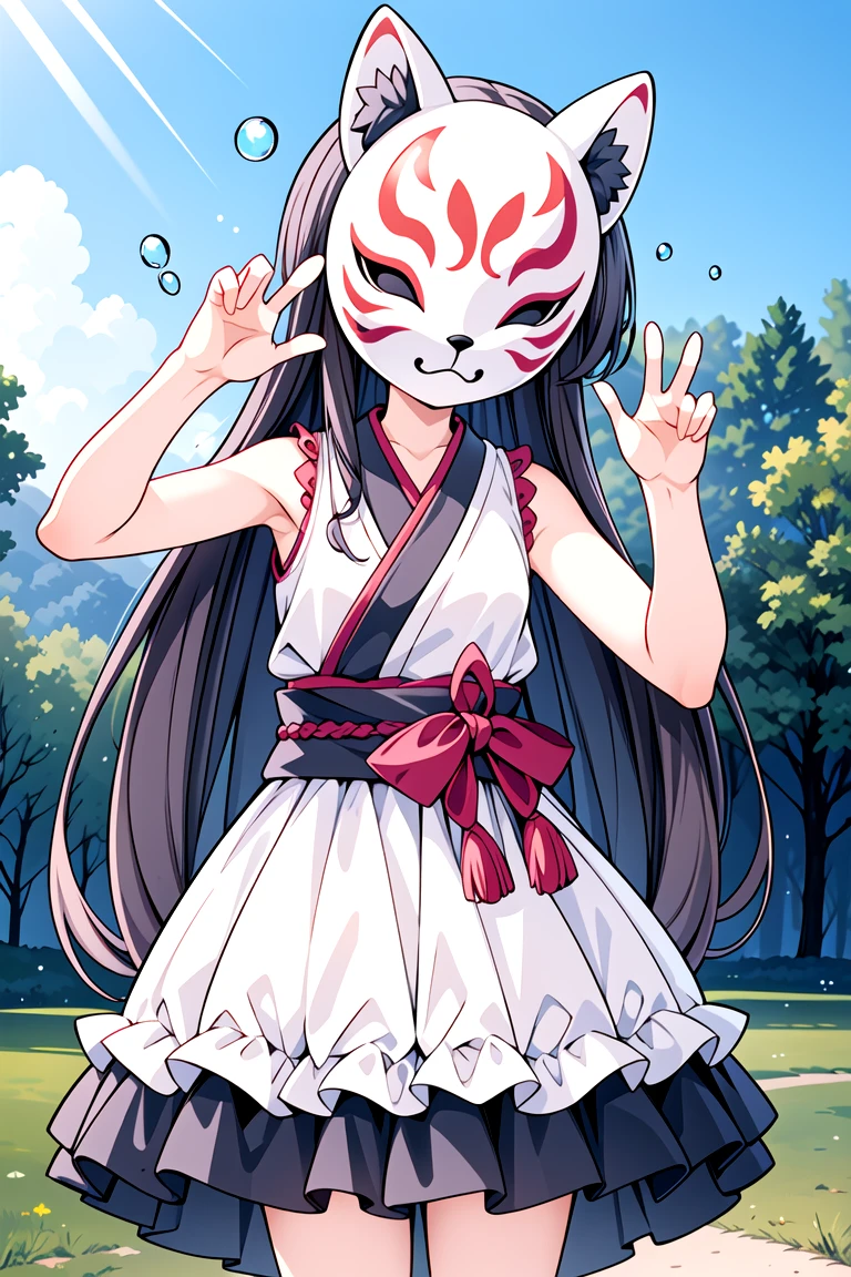 1girl, long hair, black hair, standing, kitsune-mask, covered face - SeaArt AI