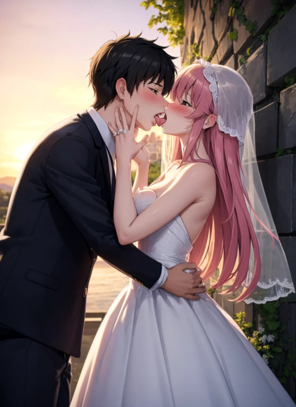 French kiss, 1girl, 1boy, hetero, blush, tongue, couple, outdoors ...