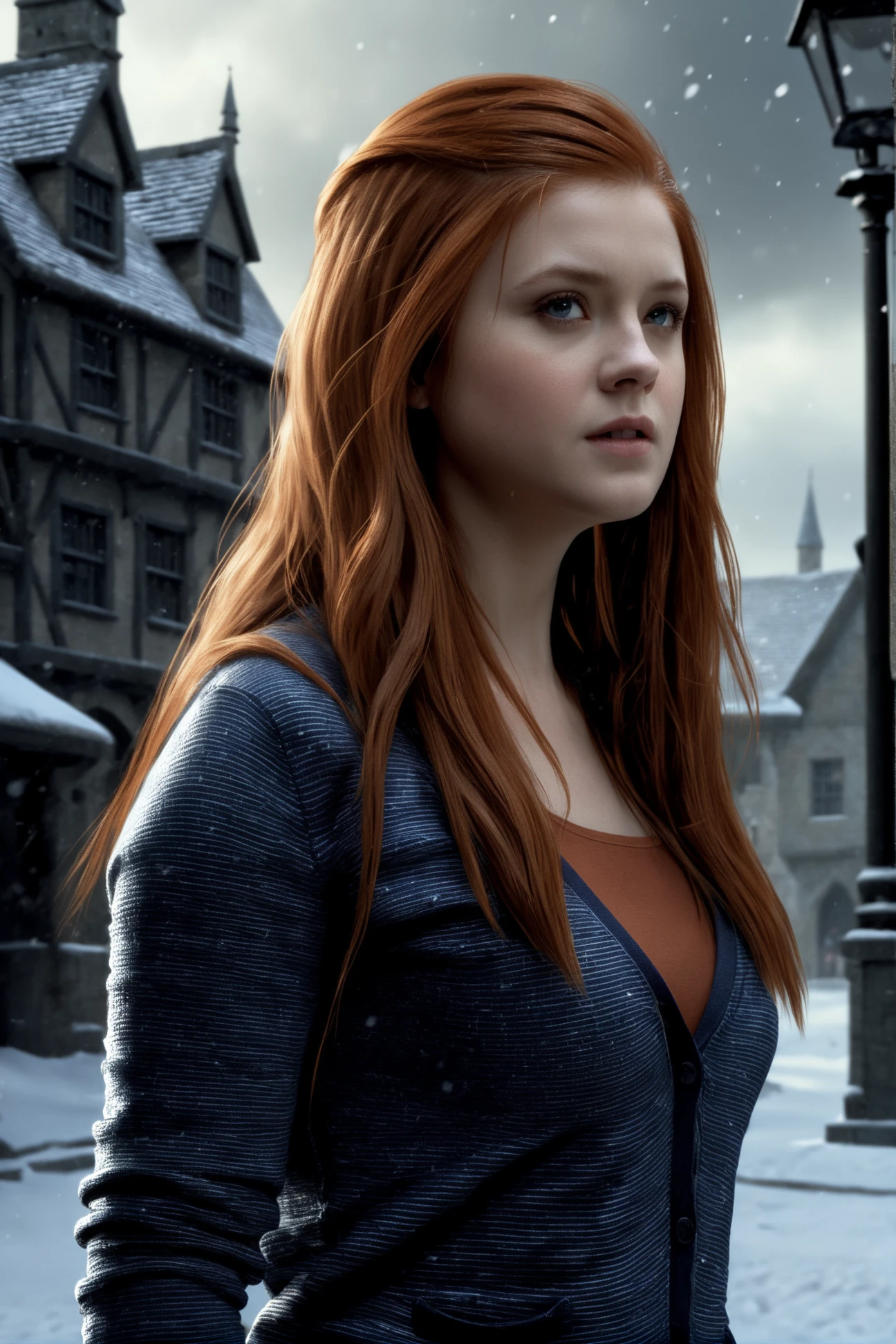 Ginny_Weasley, a woman wearing a stripped jacket and jeans pants ...