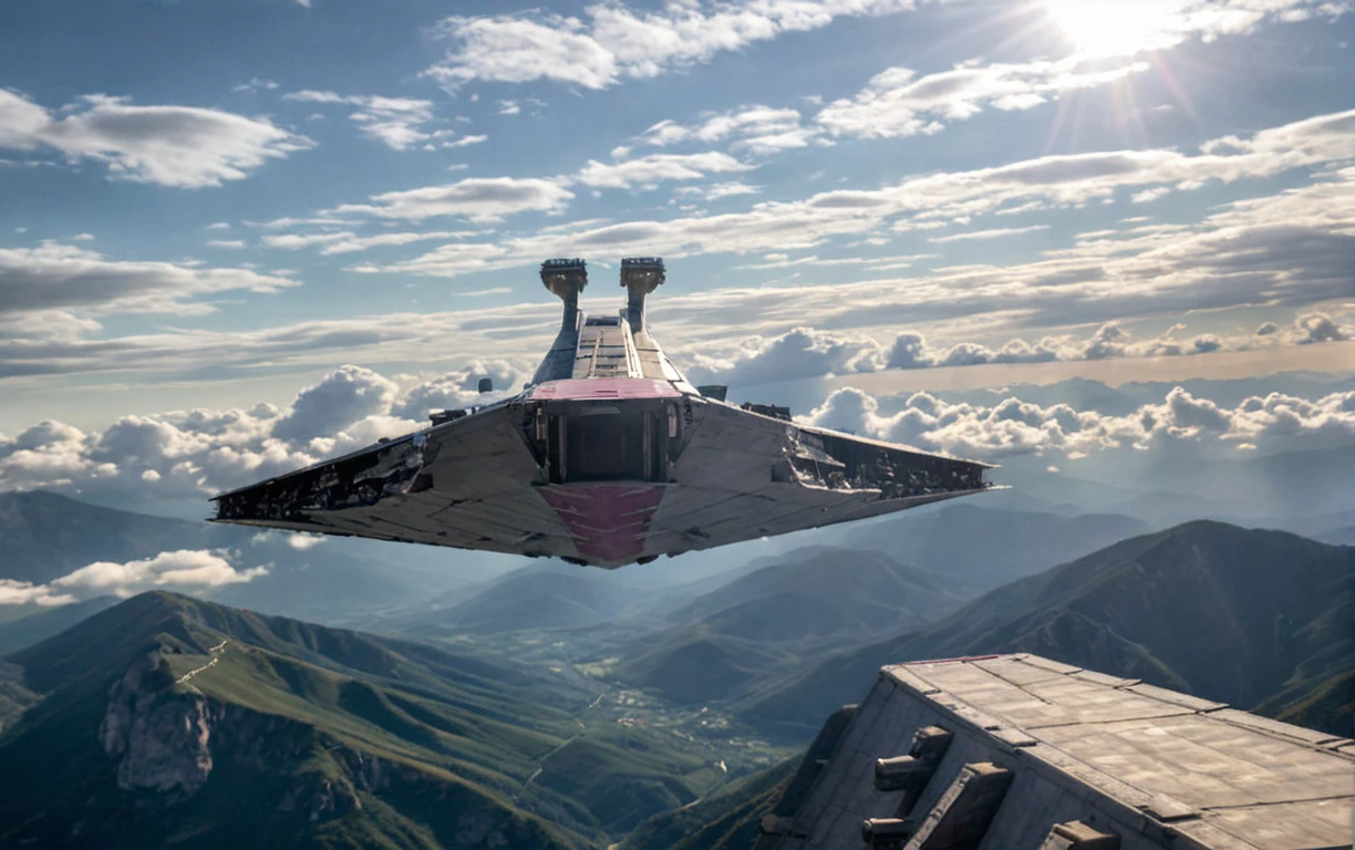 Front of venator flying over mountains, clouds, smooth metallic surface ...