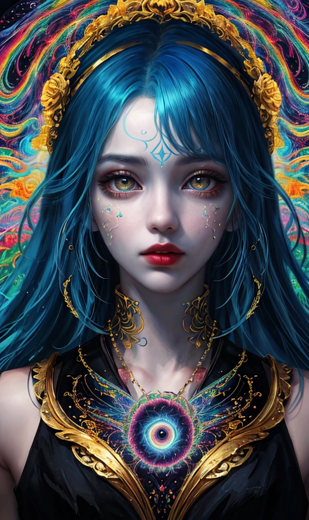 1girl, blue hair, (golden eyes), visionary art style, psychedelic ...