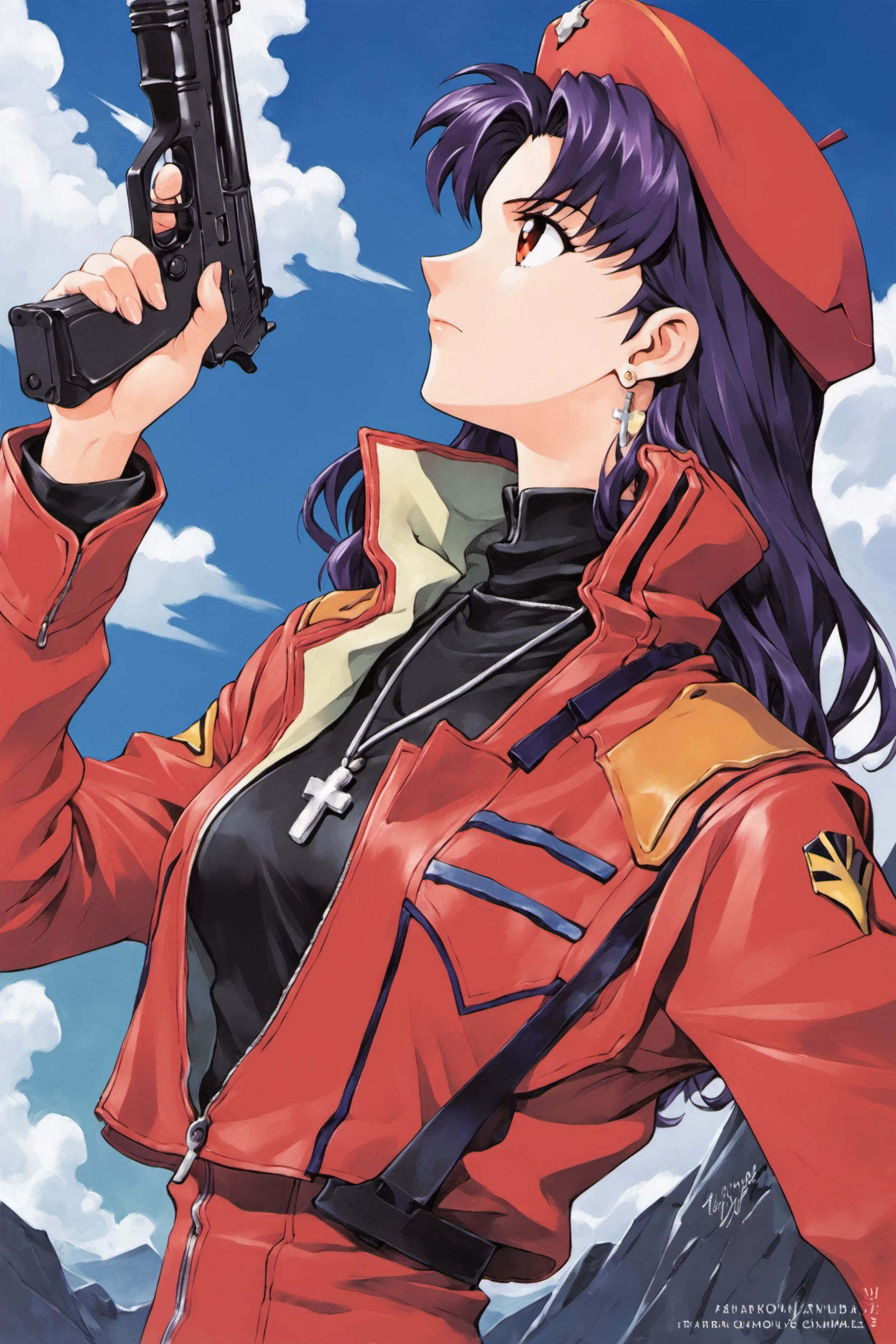 Katsuragi misato,1girl,jewelry,weapon,gun,solo,hat,earrings,handgun ...