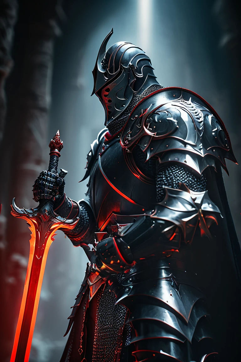 Cinematic shot of a knight wearing a black armor, holding red glowing ...