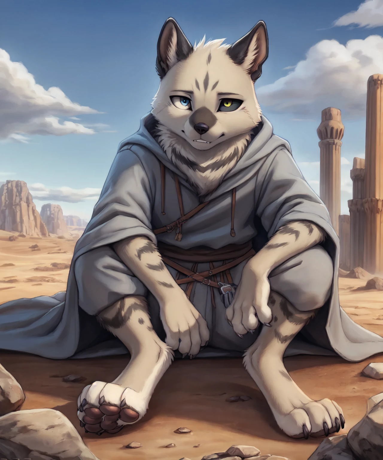 Lant3veldt, desert ruins, campfire, rain, sitting,looking down - SeaArt AI