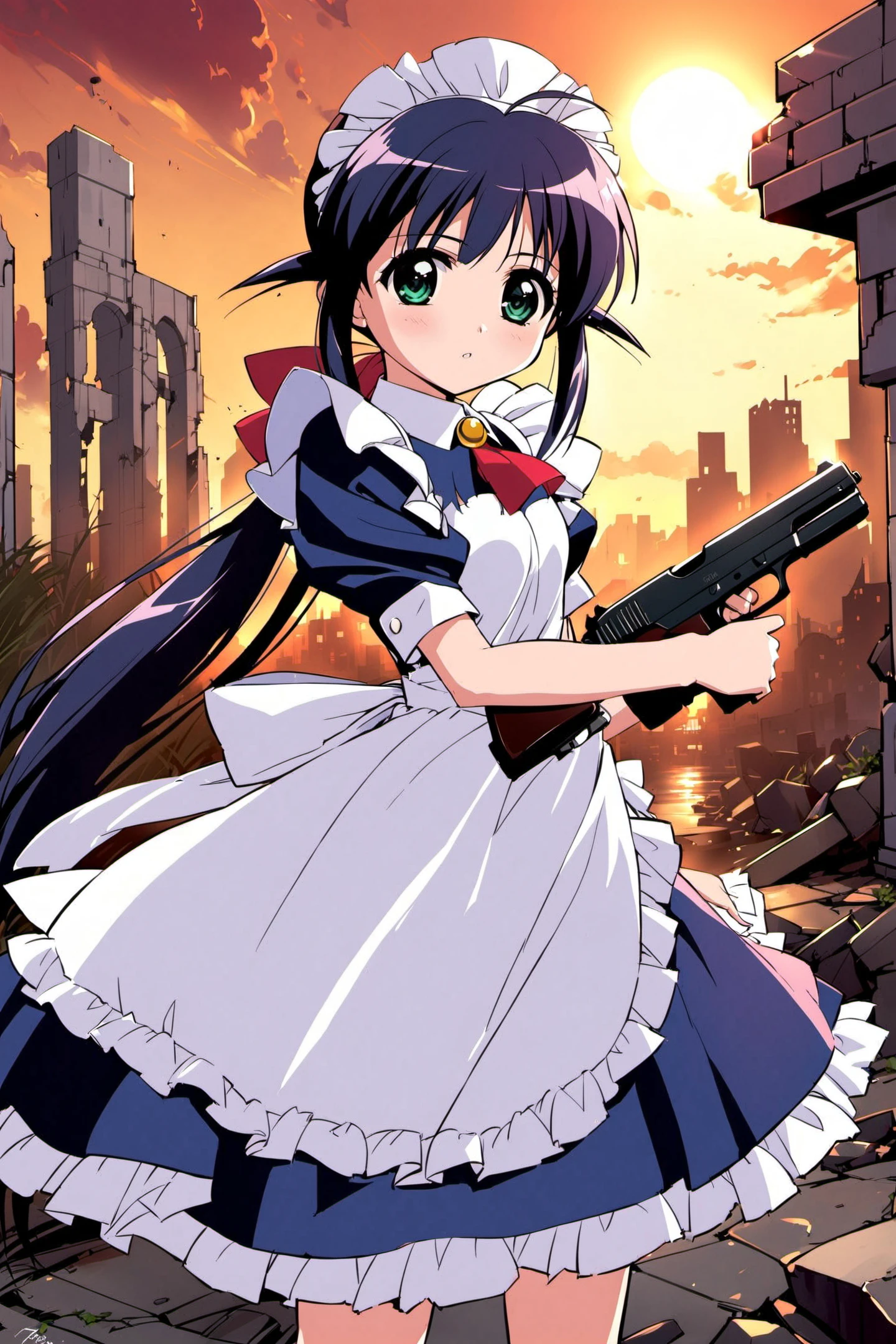1girl,Ando Mahoro,torn clothes,solo,long hair,maid,ruins,blue hair ...