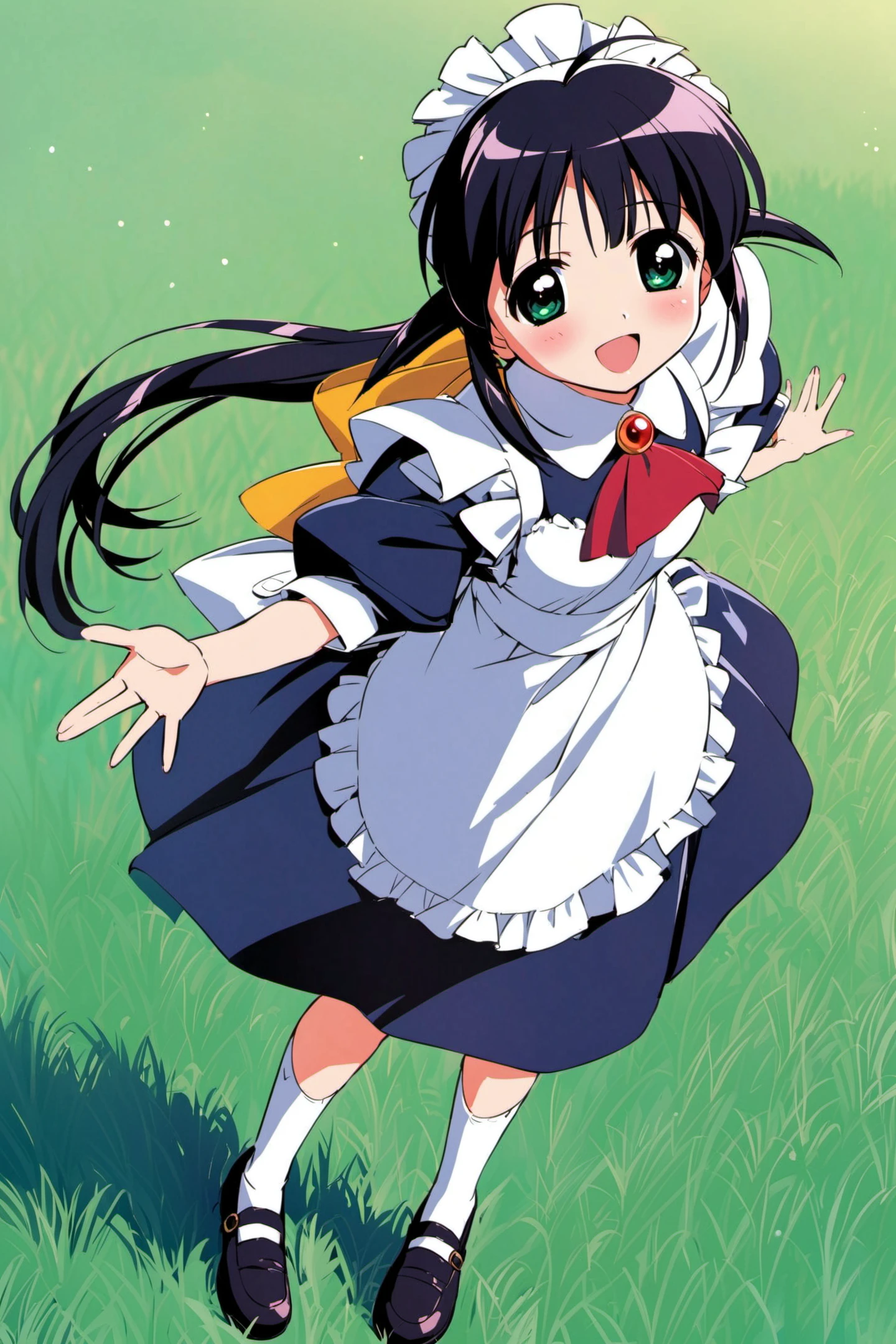 1girl,Ando Mahoro,maid,green eyes,solo,shoes,apron,long hair - SeaArt AI