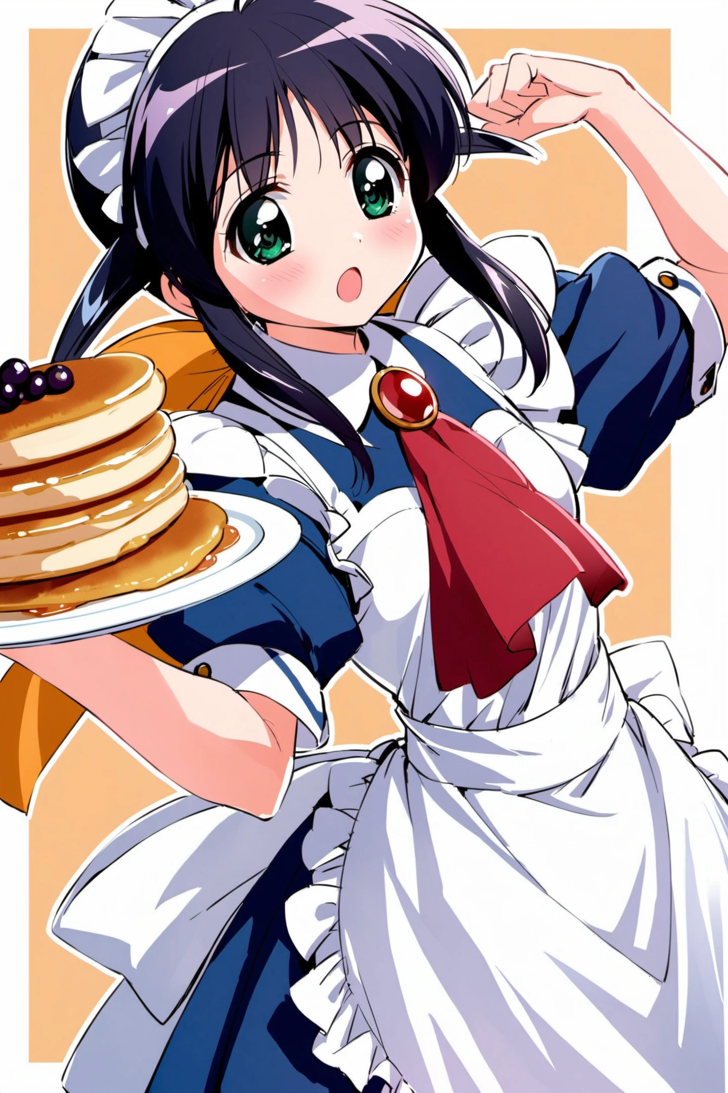 1girl,Ando Mahoro,solo,frying pan,maid,brooch,apron,holding,maid ...
