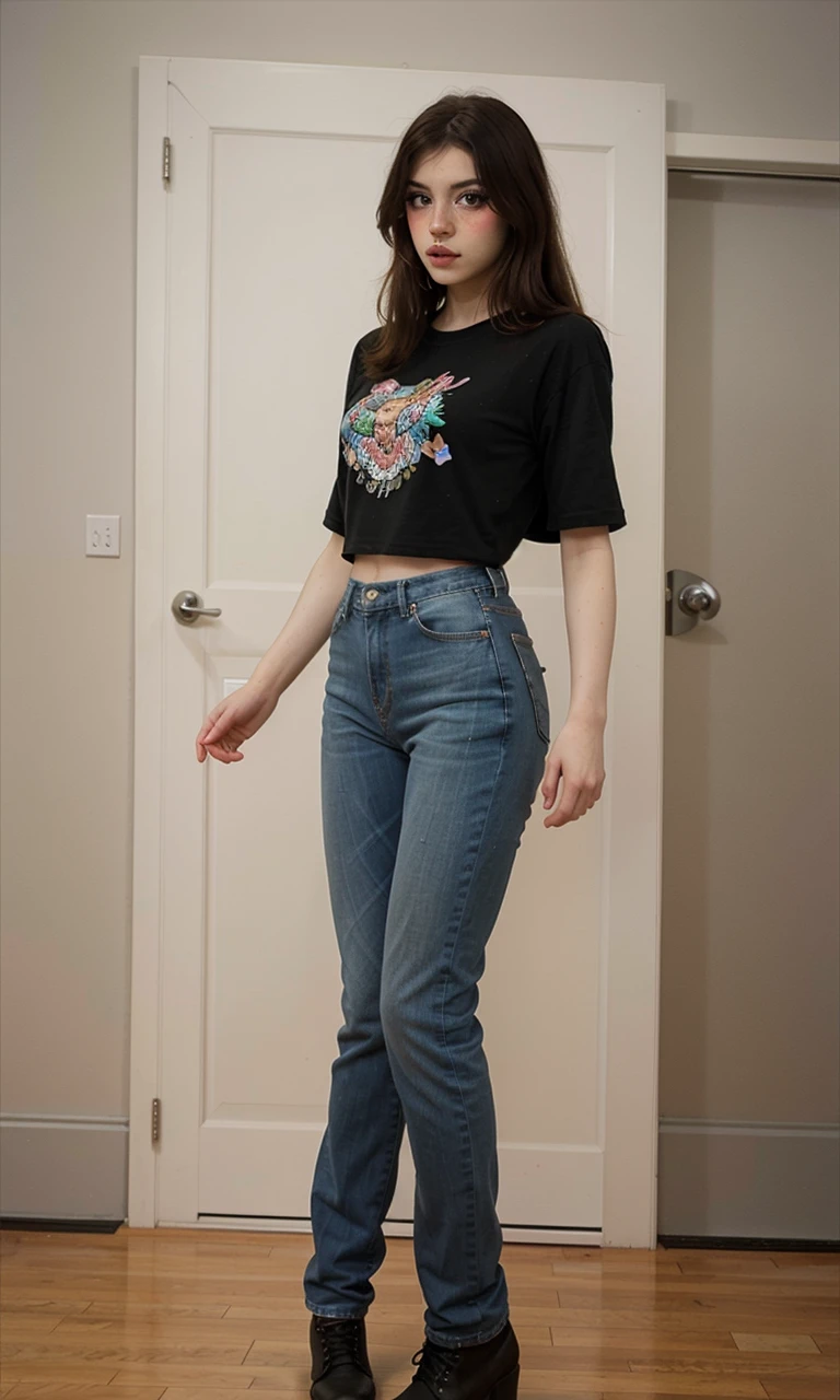 1girl, hannahowo, standing, full body, tshirt, jeans, black tshirt ...