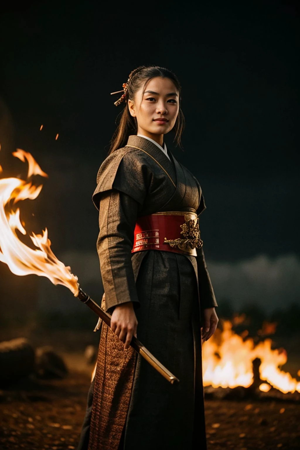 Cinematic still, full body shot of annasawa1, wearing feminine samurai ...