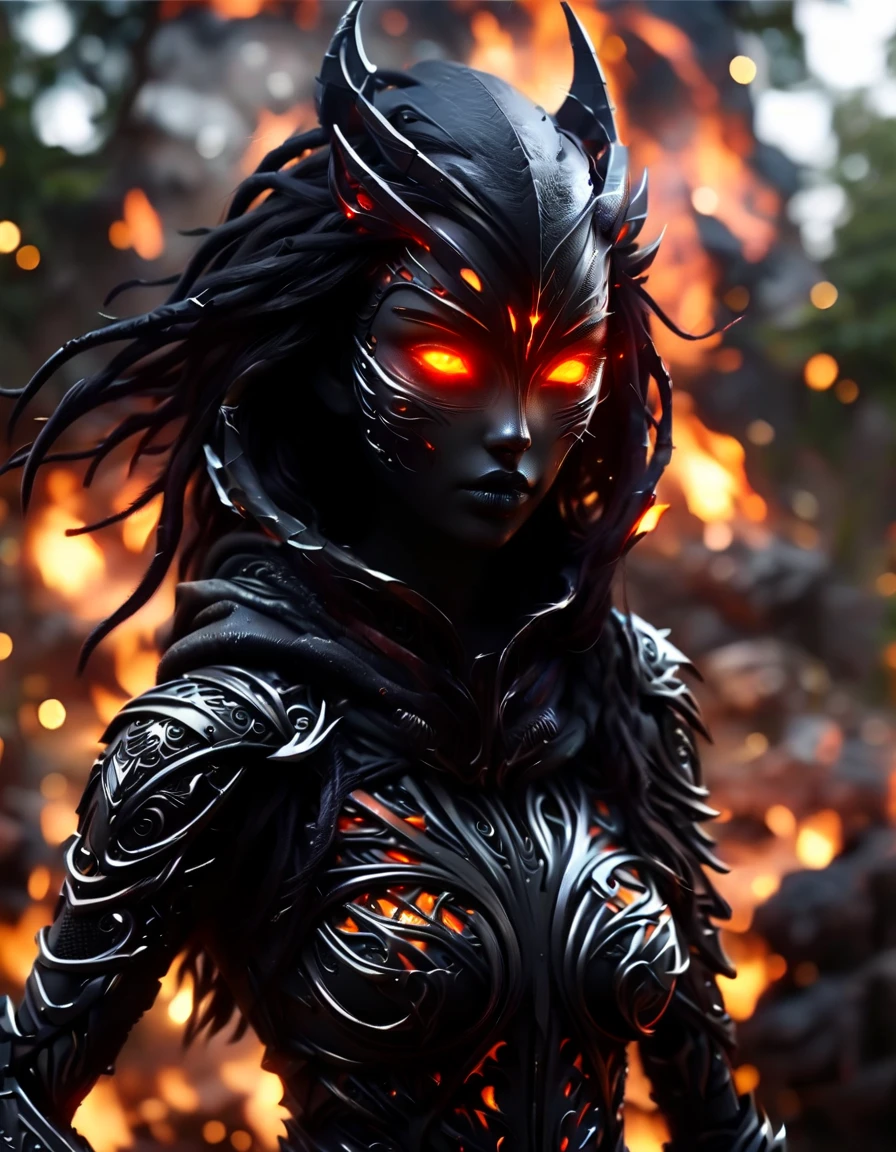 A dark ghostly female silhouette. Divinity of Fire. Cracked skin ...