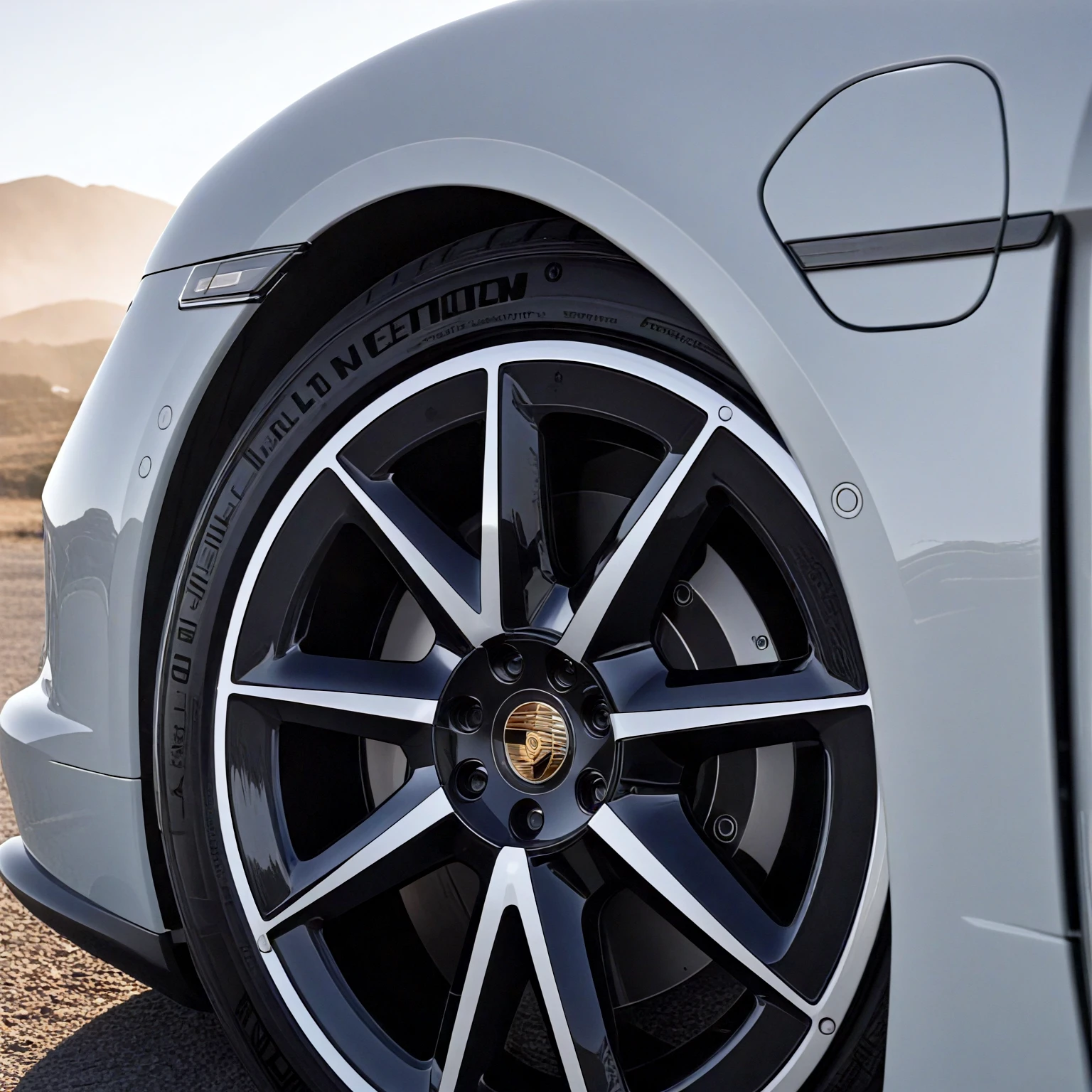 Taycan, A close-up view of a car wheel with a multi-spoke alloy rim and ...