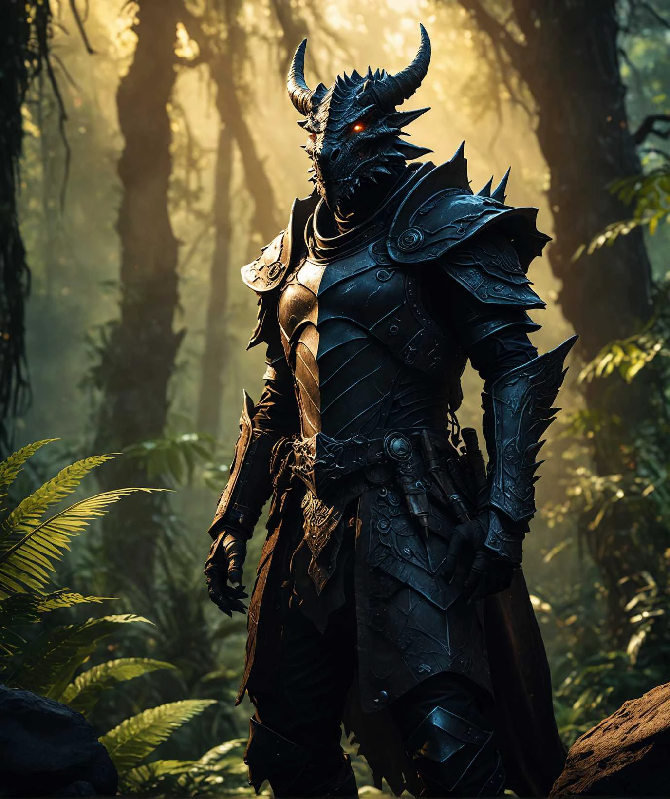 A sleek camouflaged dragonborn, cowboy shot, in an alien jungle at ...
