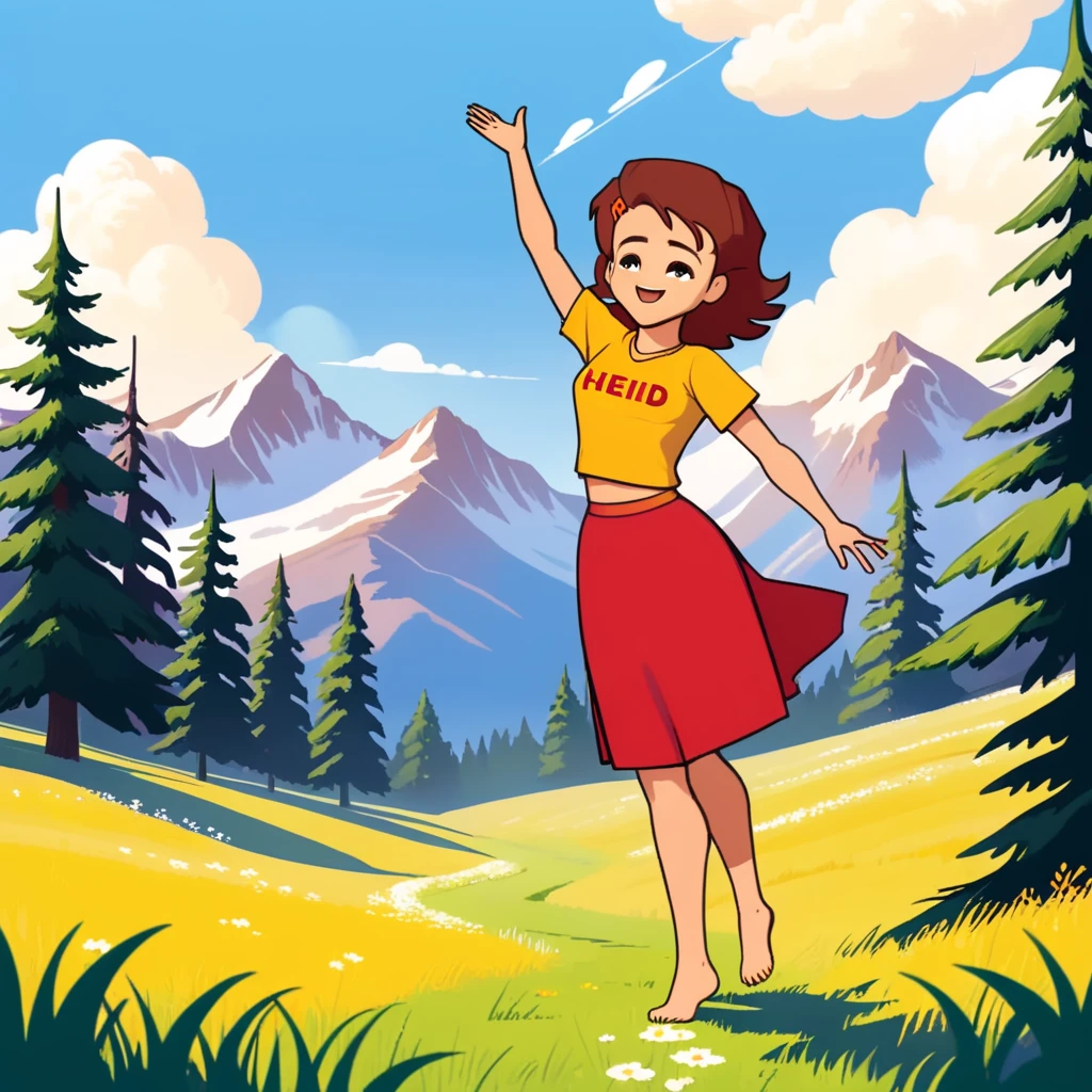 A young girl named Heidi stands barefoot on a grassy meadow, smiling ...