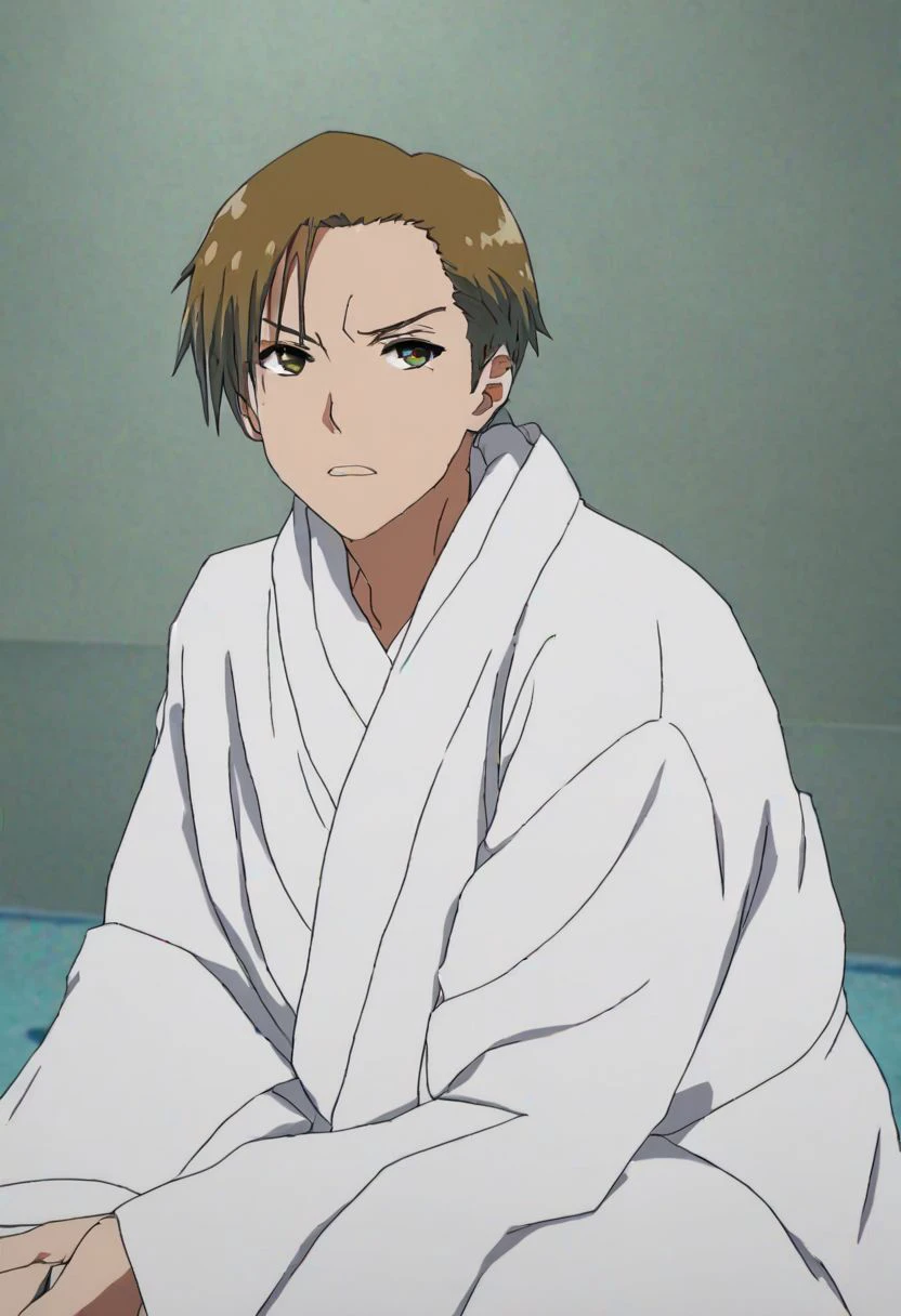 1boy, (child:0.6), large eyes, ike kanji, white bathrobe, pool - SeaArt AI