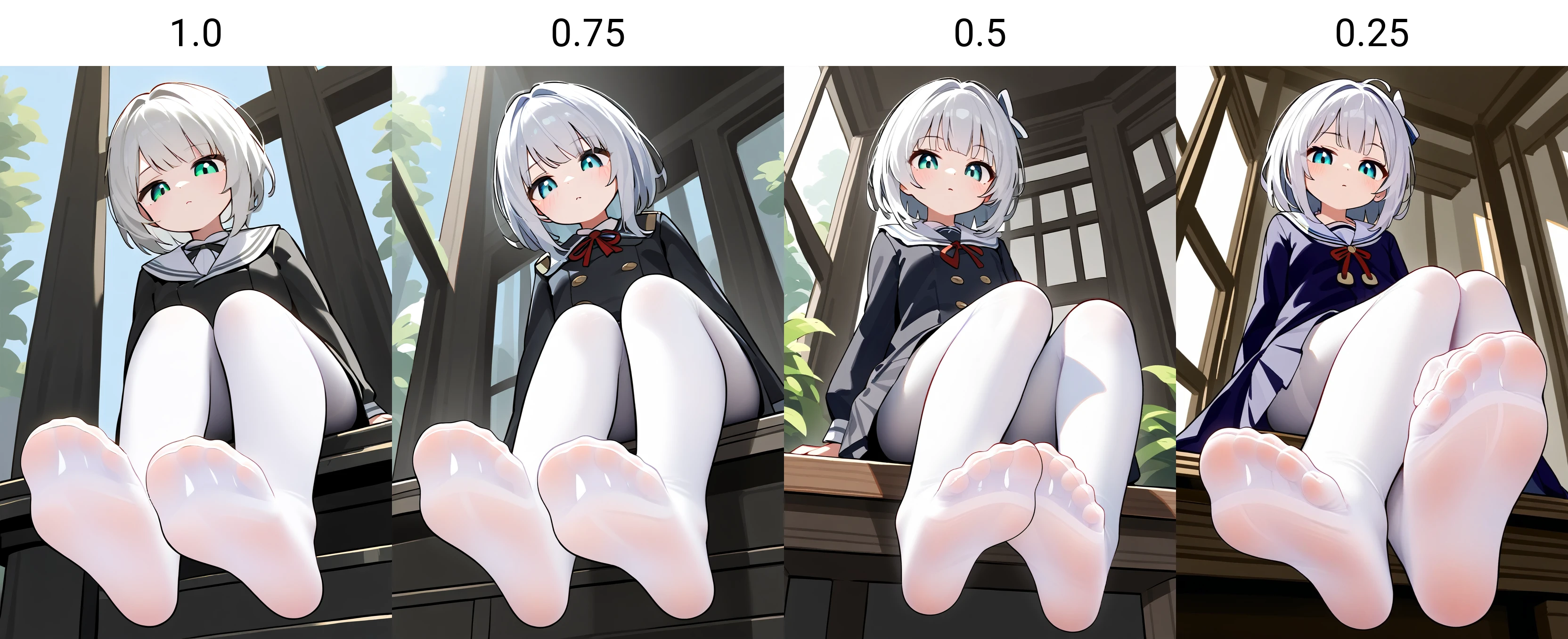 1girl, solo, white pantyhose, feet, soles, sitting, from below - SeaArt AI