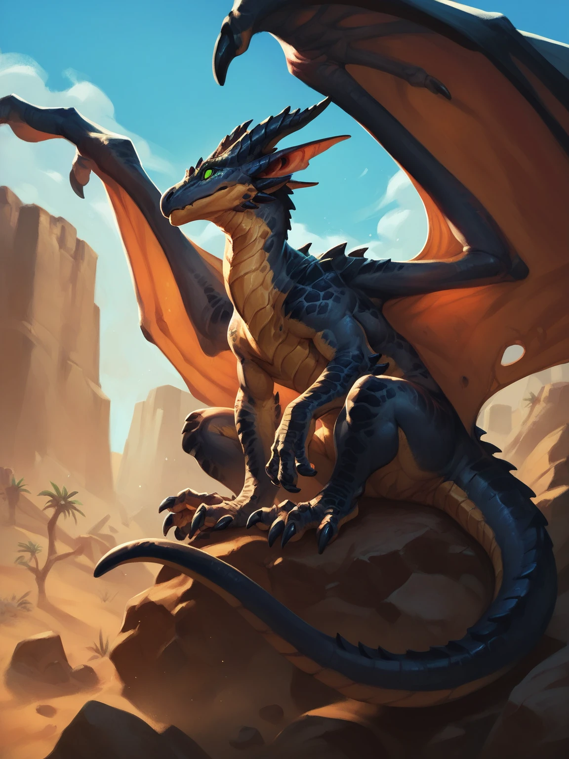 Black dragon, green eyes, wings, tail, sitting on a rock, desert ...