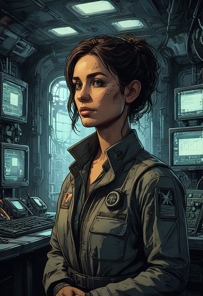 Gritty portrait of a sci-fi hero named Commander Bria Ursan in an ...