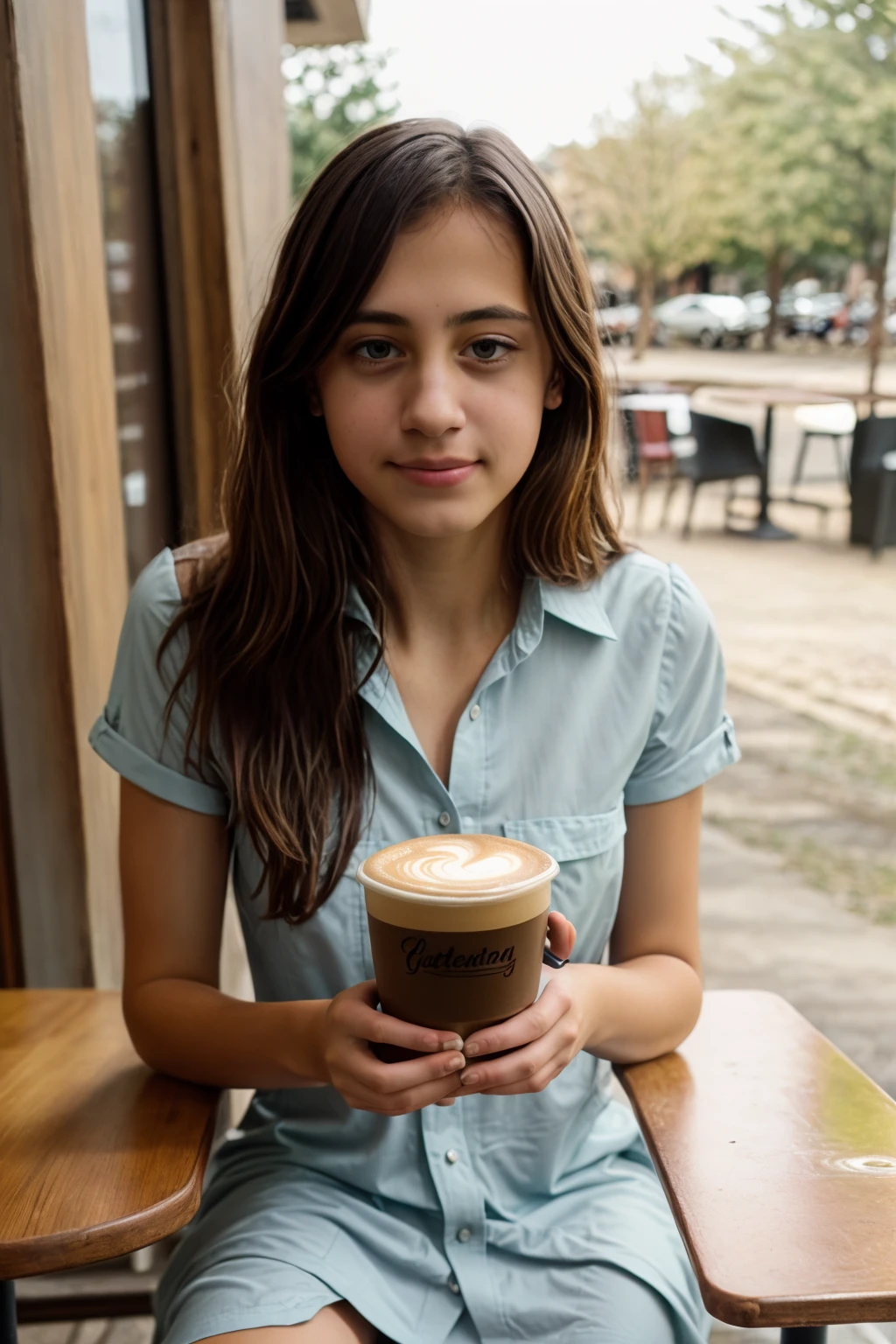 , full color portrait of a young woman, having coffee at a vinta ...