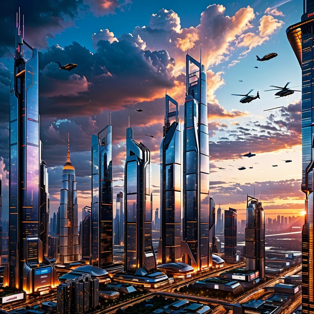 A futuristic cityscape at dusk, depicted in photorealistic detail ...
