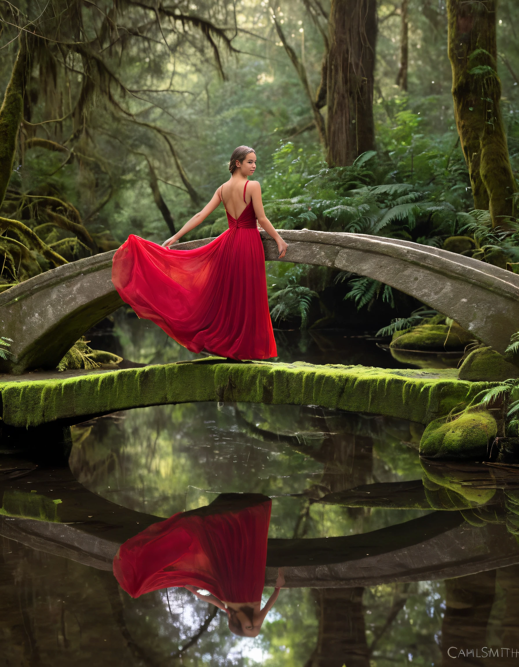 Camille Smith, clad in a crimson gown, stands with unrivaled grace atop ...