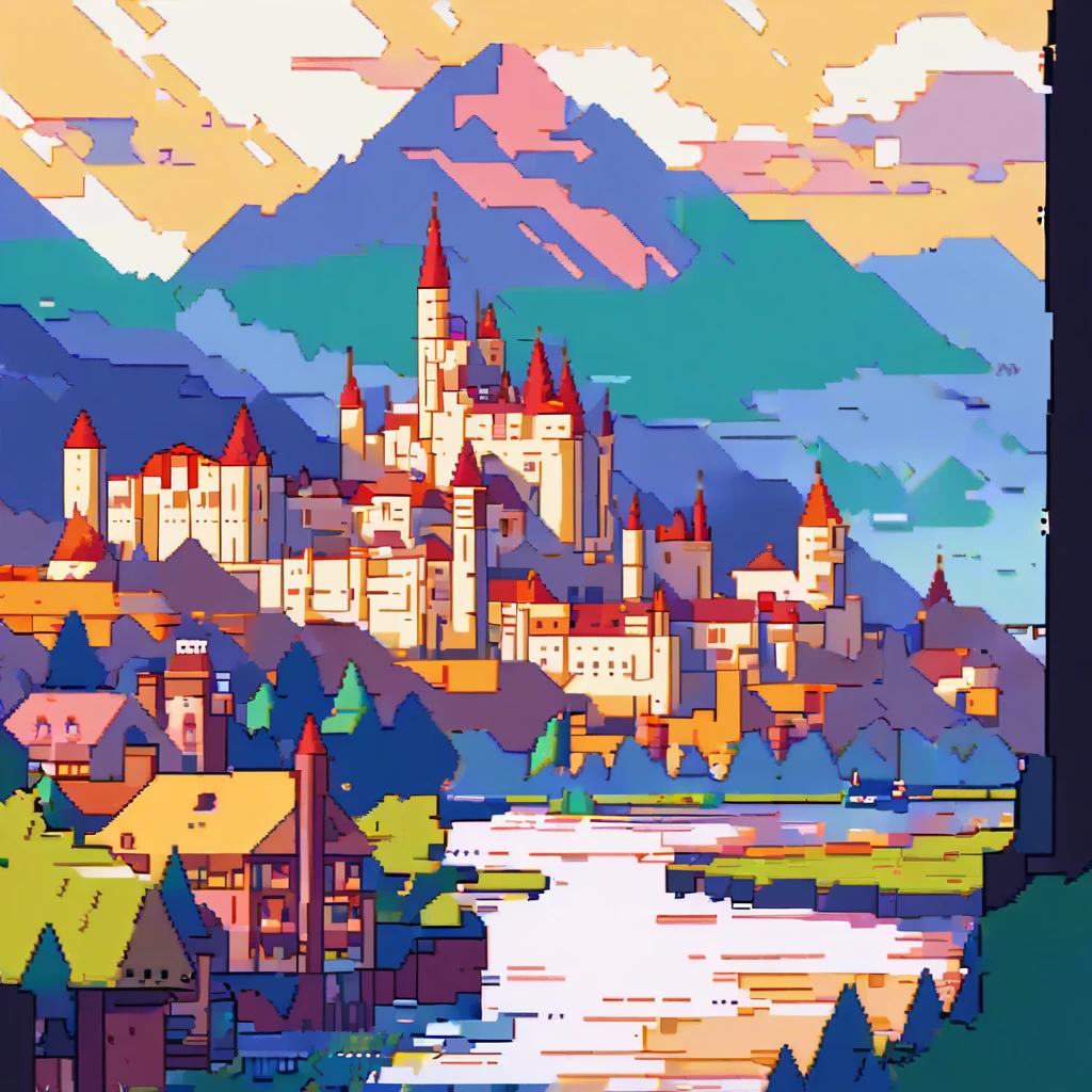 ascii artwork, scenery, mountain, river, castle - SeaArt AI