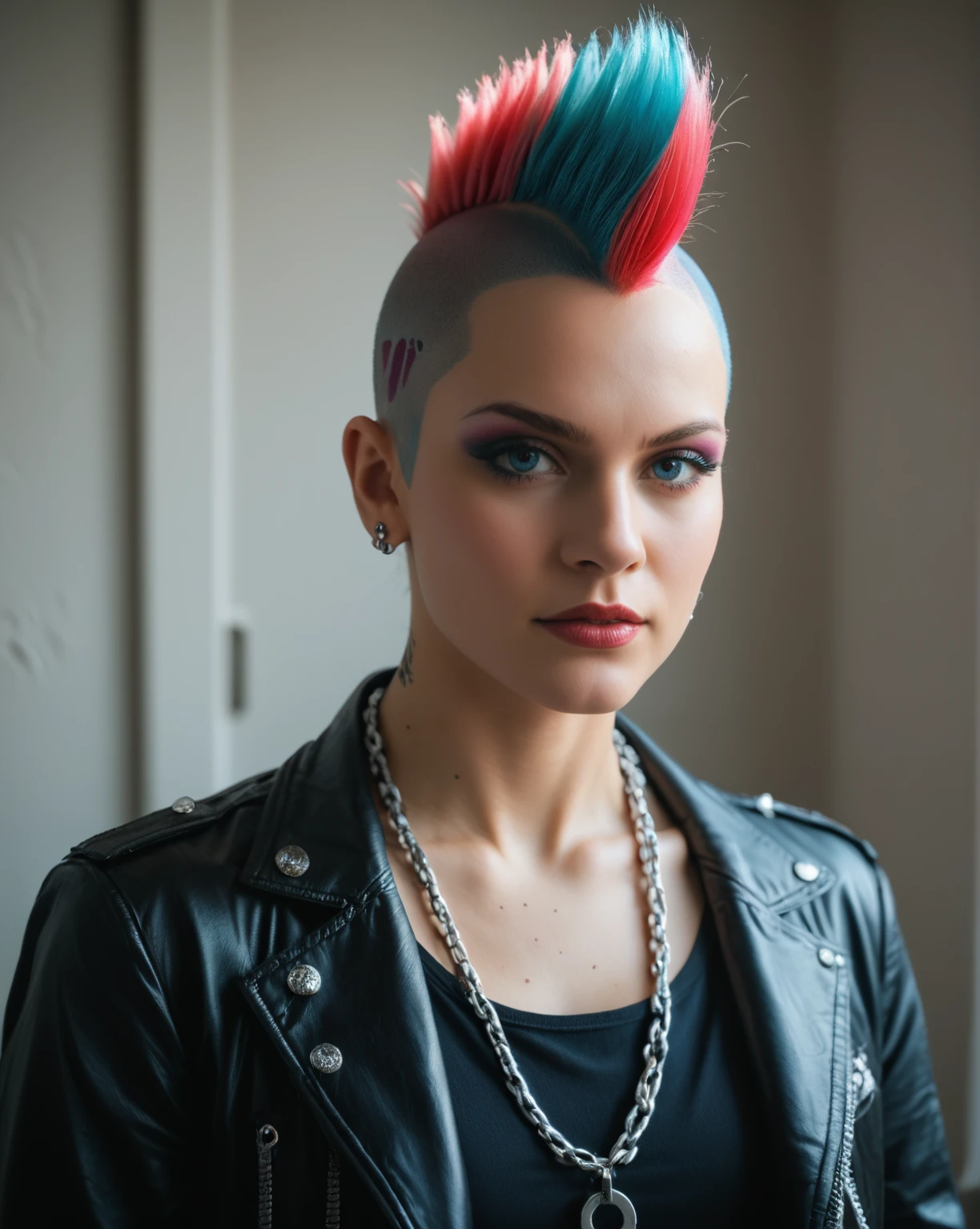 Punk outfit, colored Mohawk hair, chain necklace, atmospheric - SeaArt AI