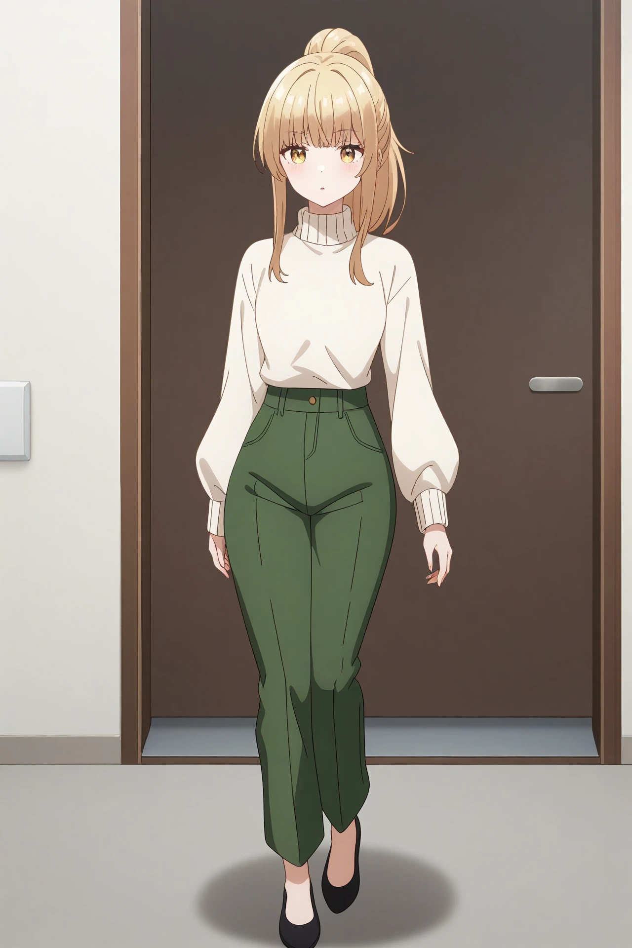 Green pants sweater ponytail, an-mahiru, 1girl, solo, narrow waist - SeaArt AI
