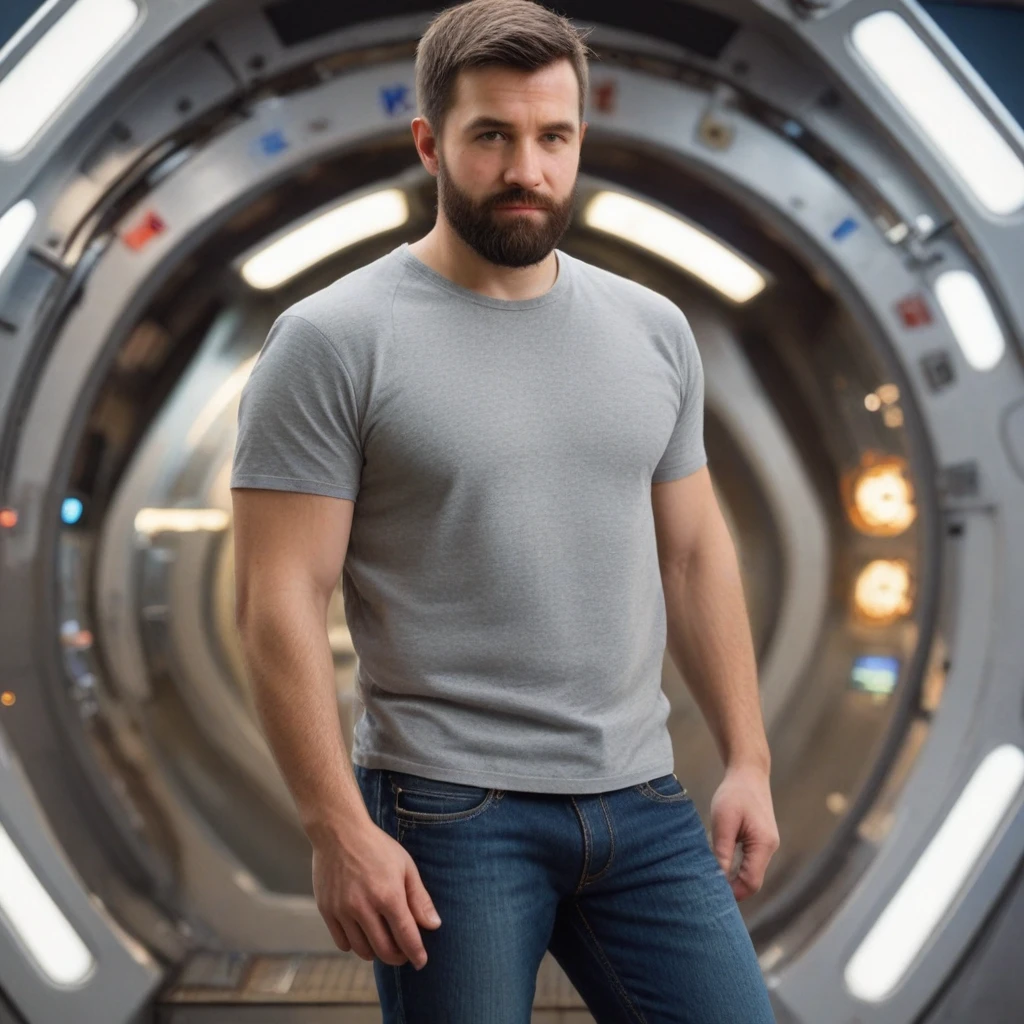 Nathan-moe, jeans and t-shirt standing in a space station source ...