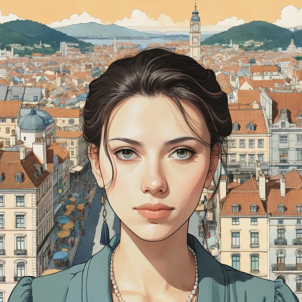 Studio ghibli style illustration of the face of a woman looking at the ...
