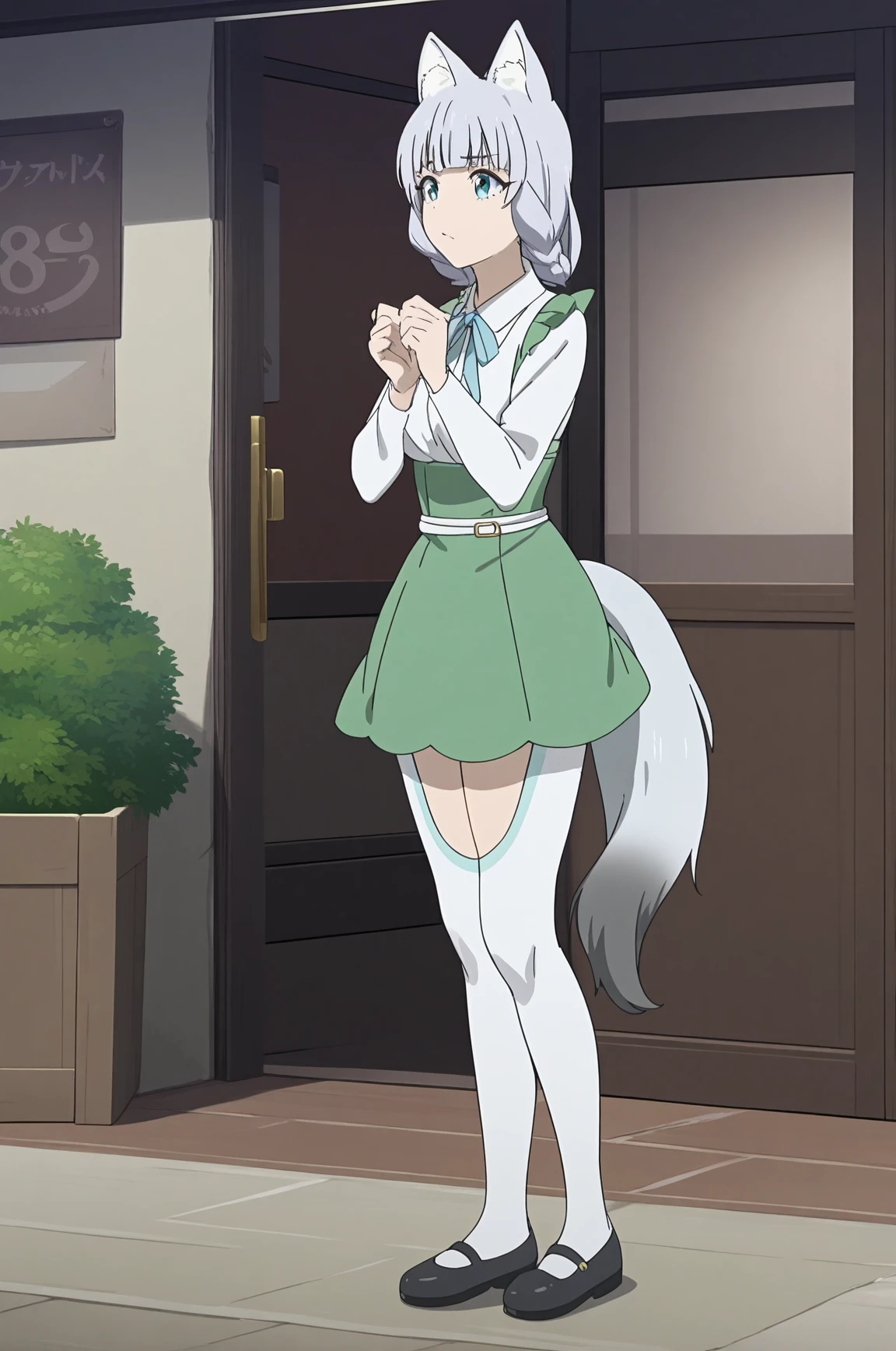 Green dress pantyhose flats waitress, kemo-shigure, wolf tail - SeaArt AI