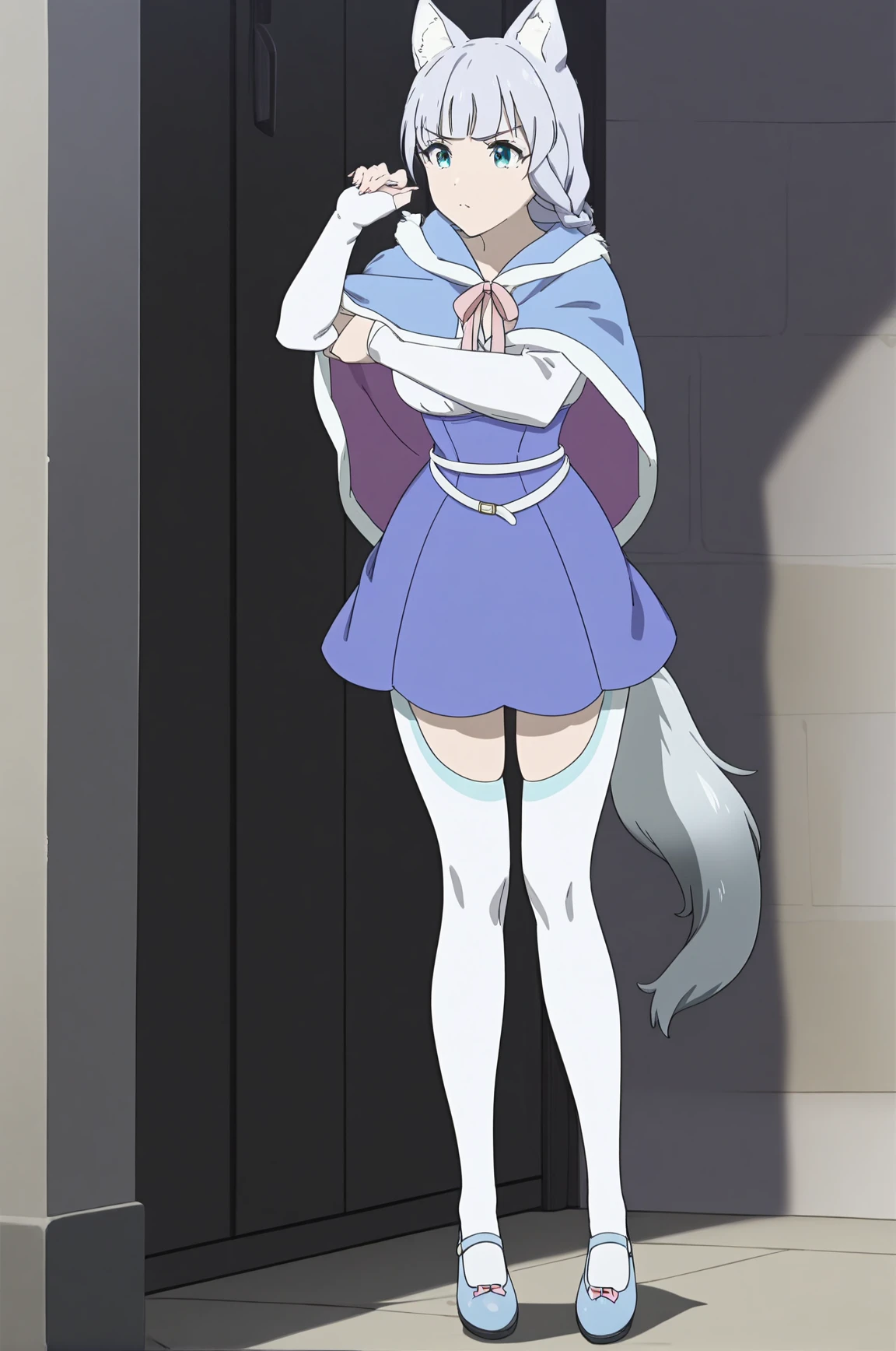 Blue dress cloak white thighhighs gloves, kemo-shigure, wolf tail ...
