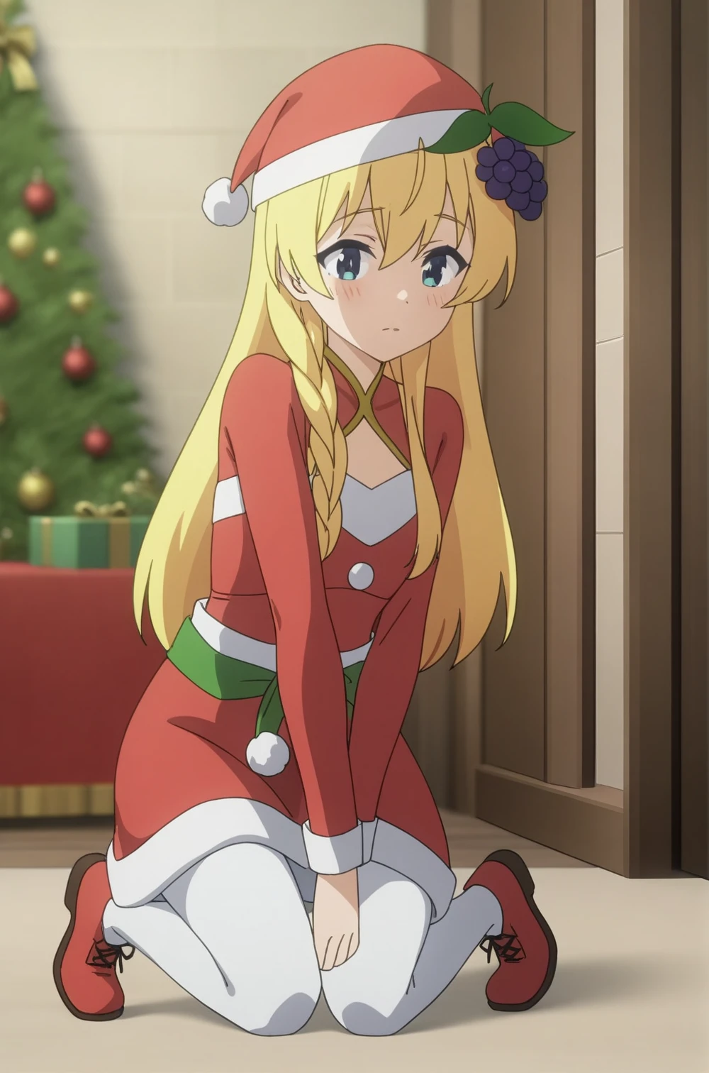 (santa costume), ks-iris, hair ornament, 1girl, solo, skinny - SeaArt AI