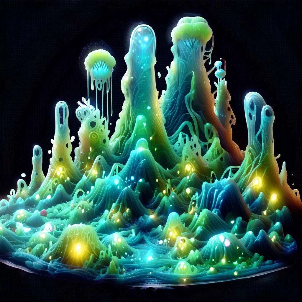 A forest landscape made out of transparent jelly slime, brown slime ...