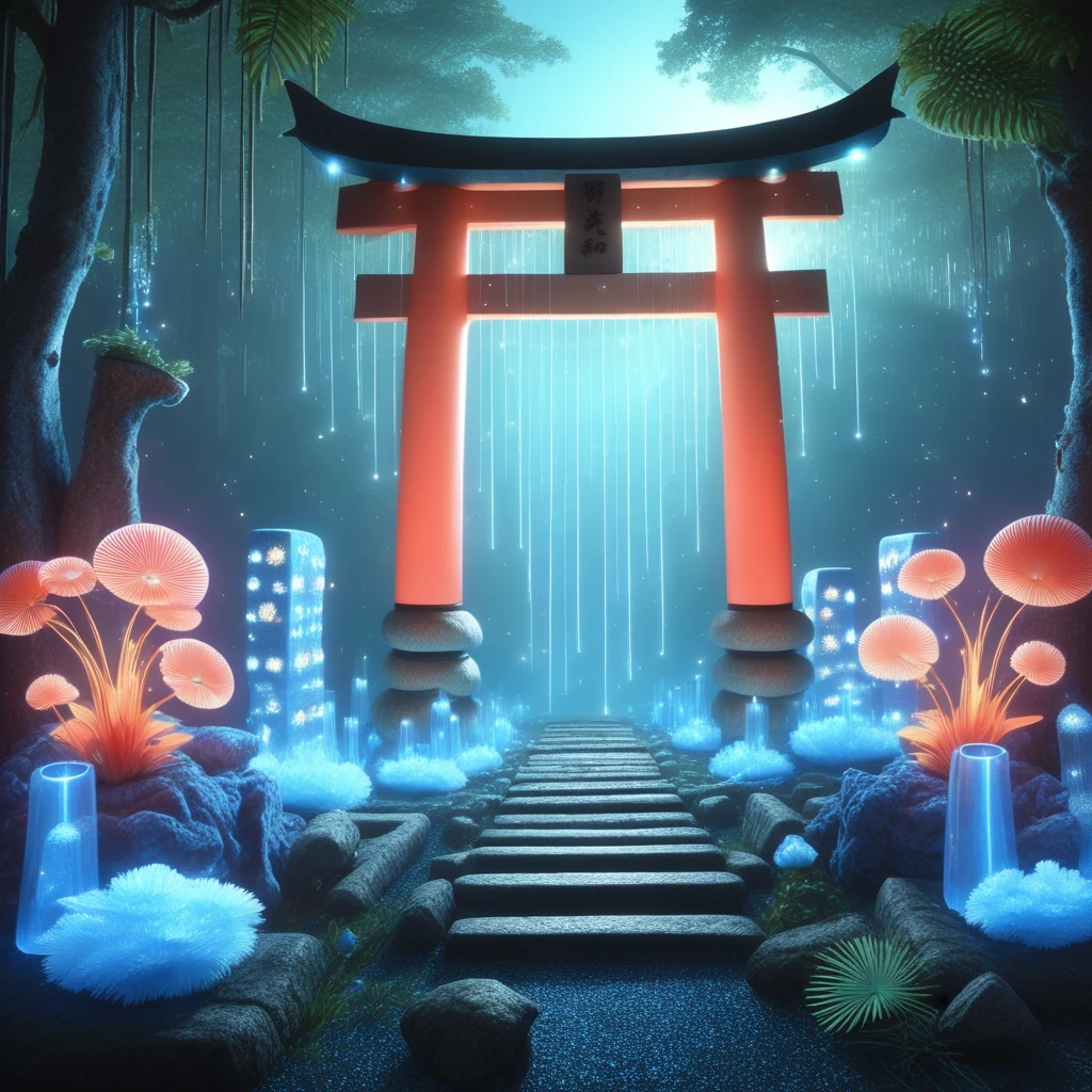 Torii, blue theme, sunbeam, wide shot, parrot, fish, pillar, mushroom ...