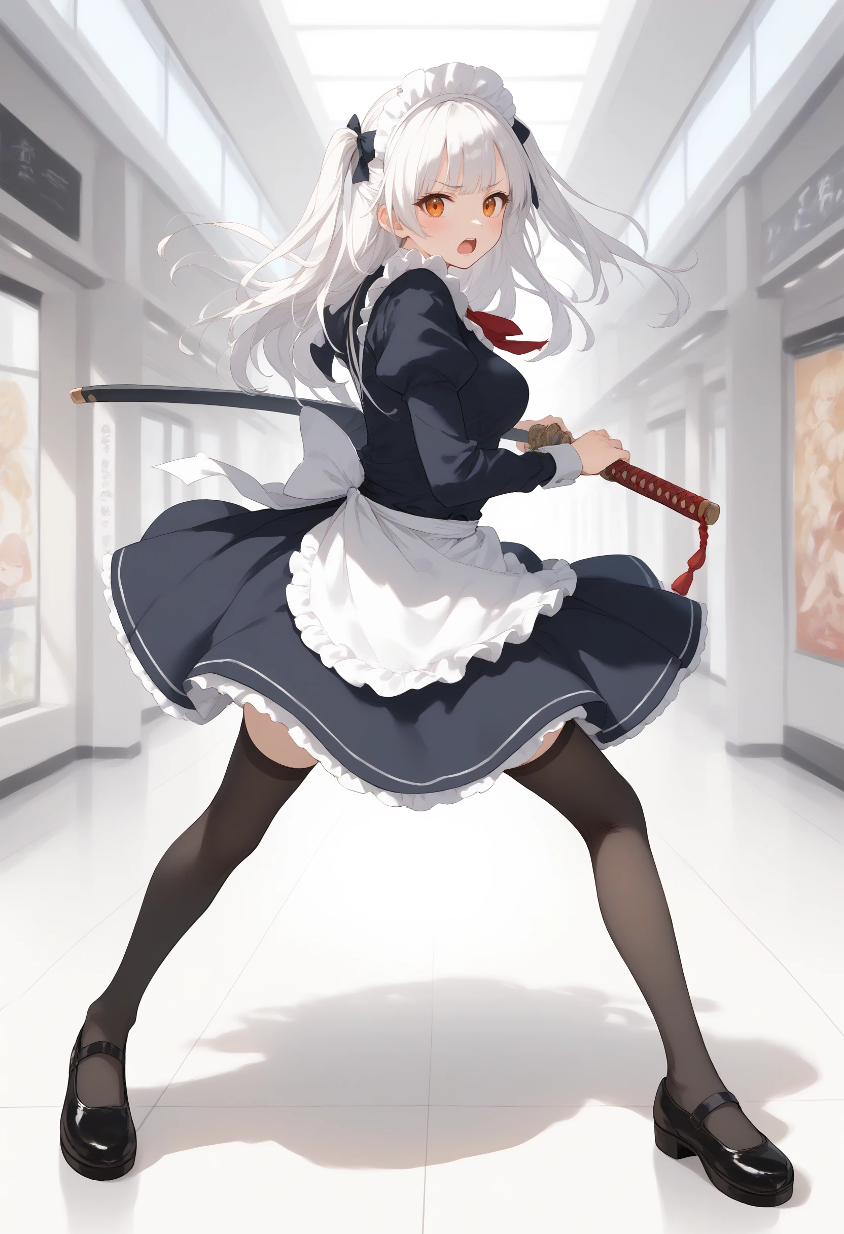 Anime girl in a dress holding a sword in a hallway - SeaArt AI