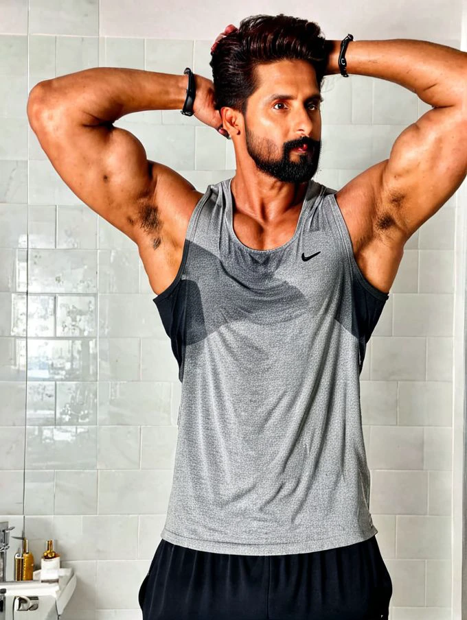 Ravi Dubey a man , Is wearing a gray tank top with sweat and - SeaArt AI