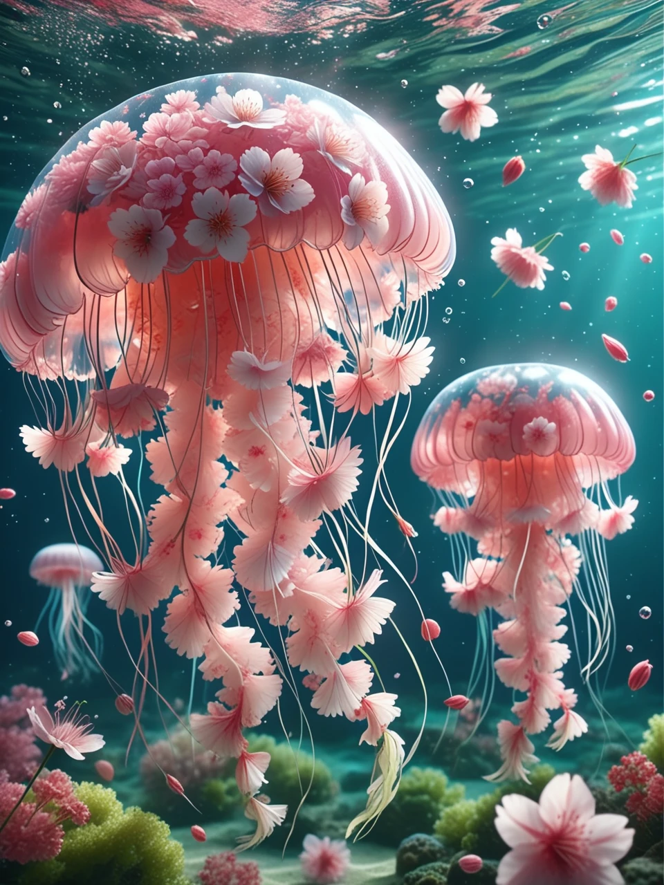 Jellyfish made out with sakura petals inside underwater, high detail ...