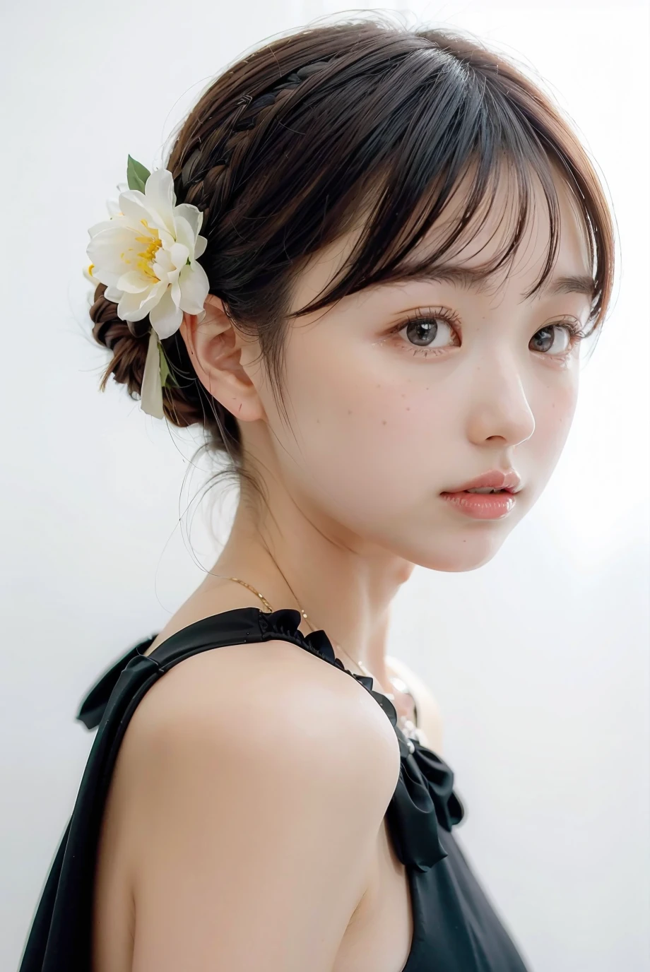 1girl, black random formal attire, white background,