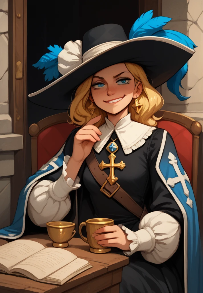 1girl, blonde hair, smug, grin, 1gothic1,